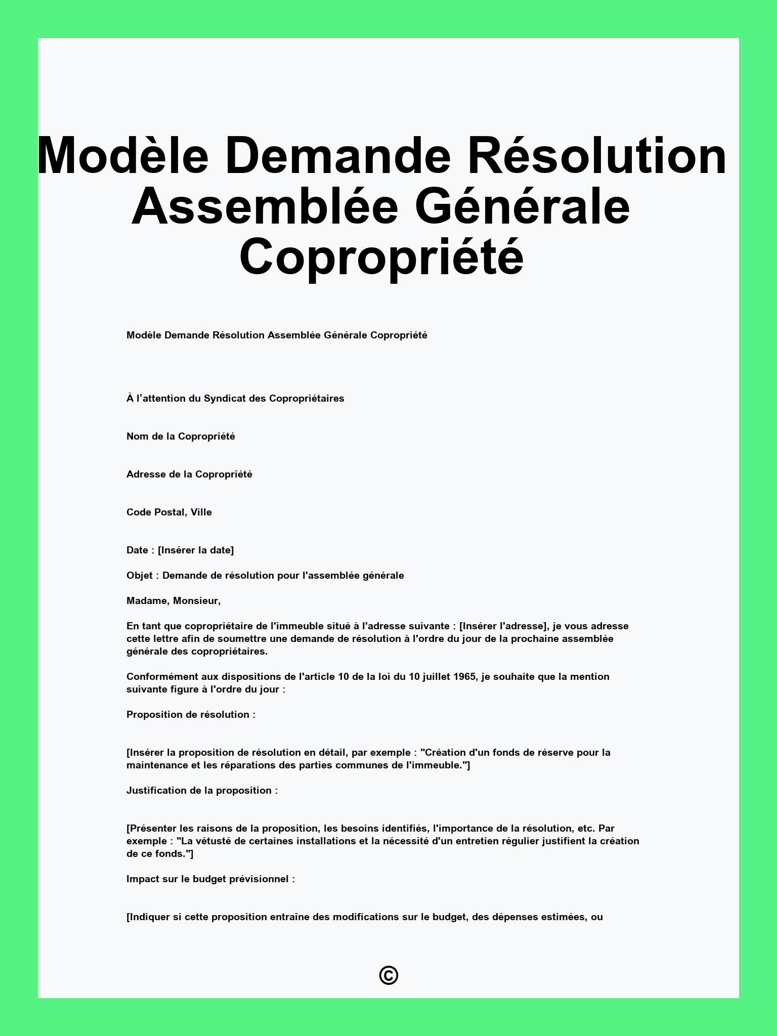 Modèle Demande Résolution Assemblée Générale Copropriété